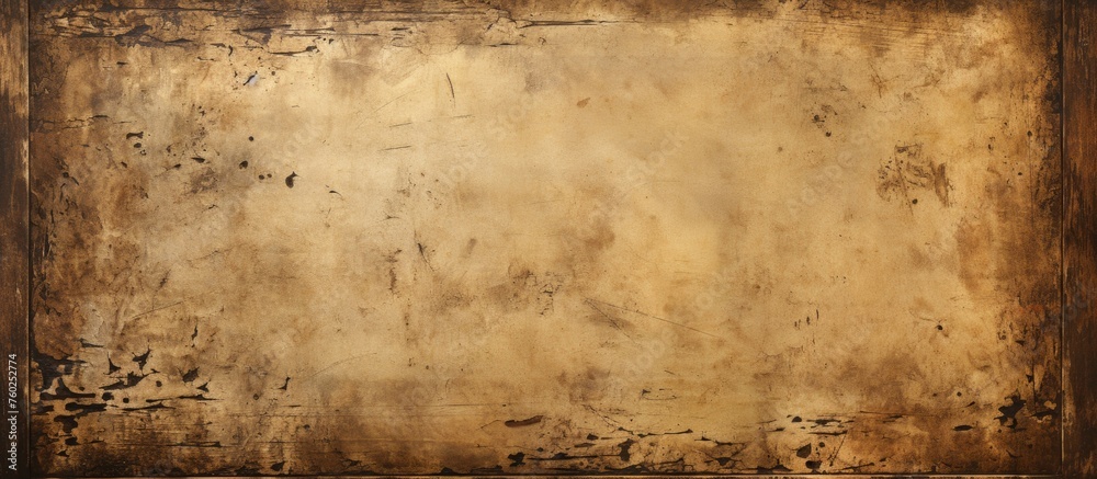 A closeup of a rectangle piece of old paper with a brown wood frame ...