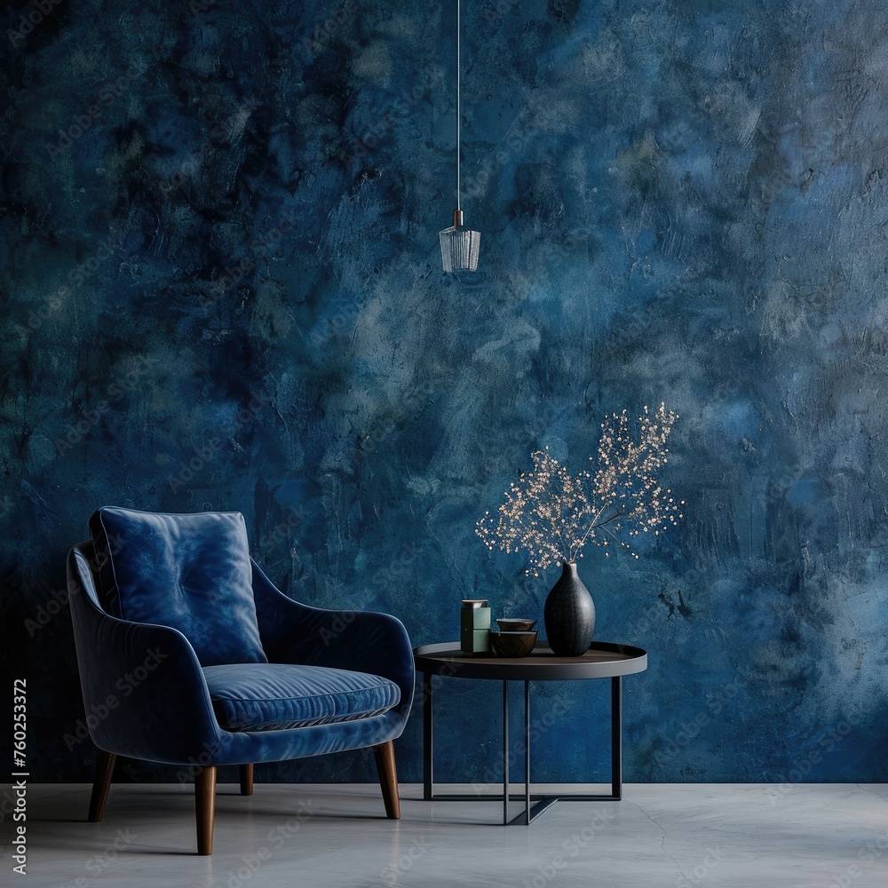 Blue themed interior with chic velvet chair - A beautifully styled ...