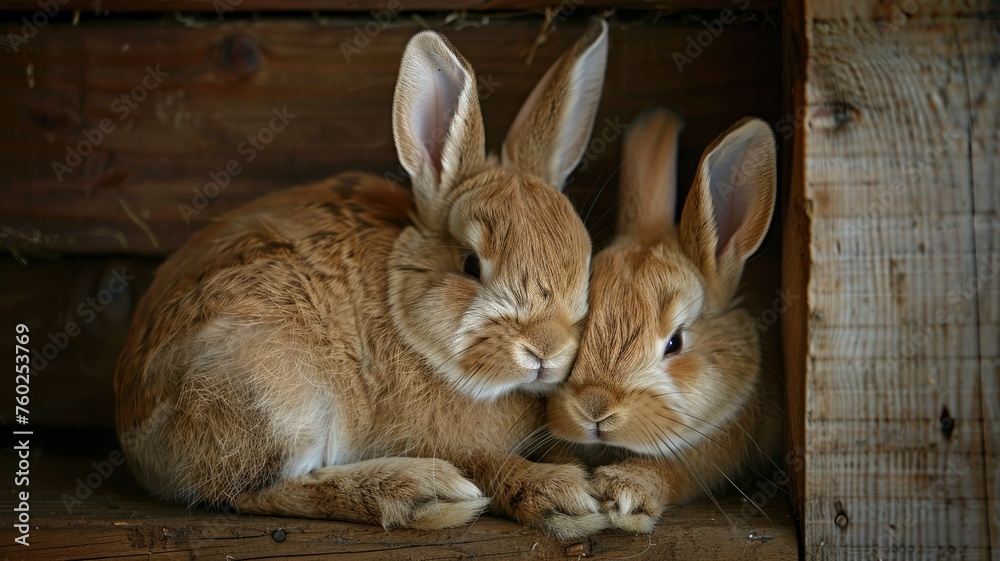 Friendly rabbits in a wooden hutch - Two friendly rabbits snuggle close ...
