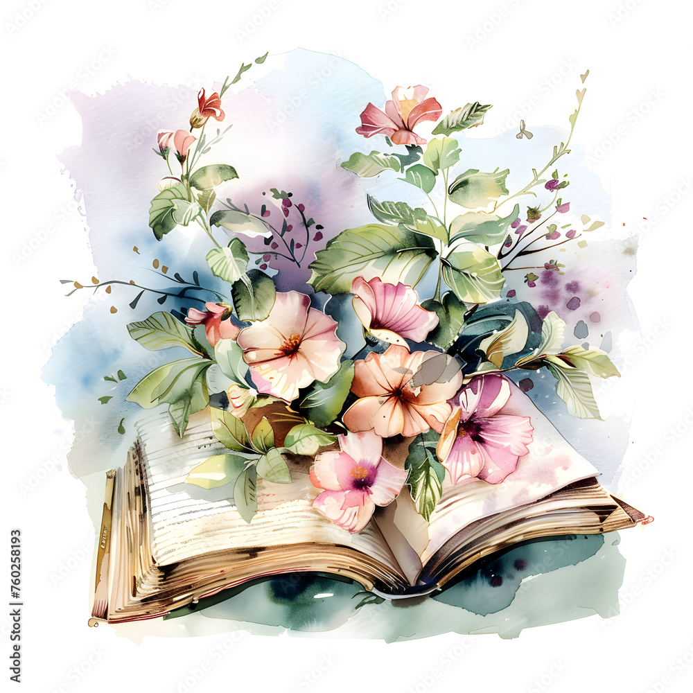 Watercolor illustration,watercolor painting of flowers,book with ...