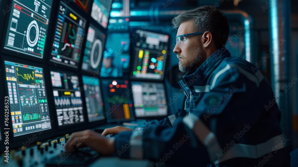 Engineer operating SCADA system control, high-tech environment. Stock ...