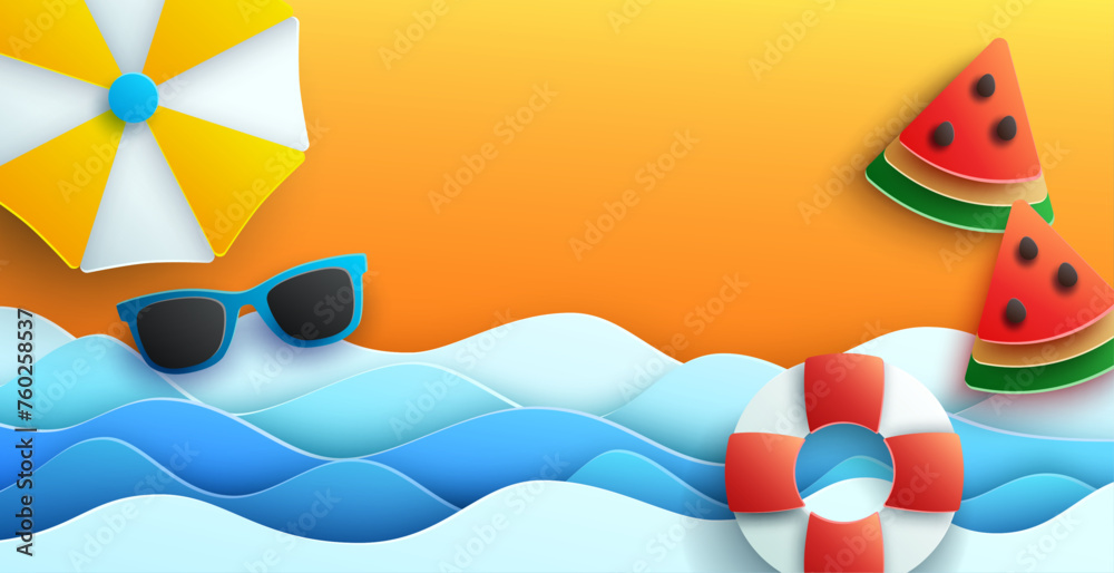 Summer beach scene with beach umbrella, life preserver, sunglasses, and ...