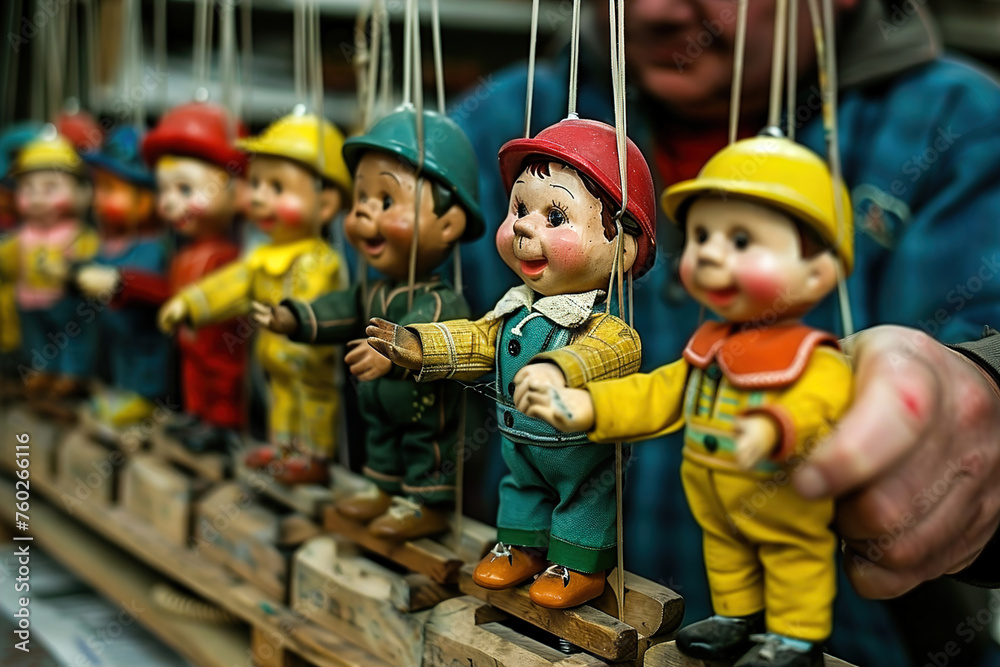 Display of retro puppets with vibrant colors and playful designs, hands ...
