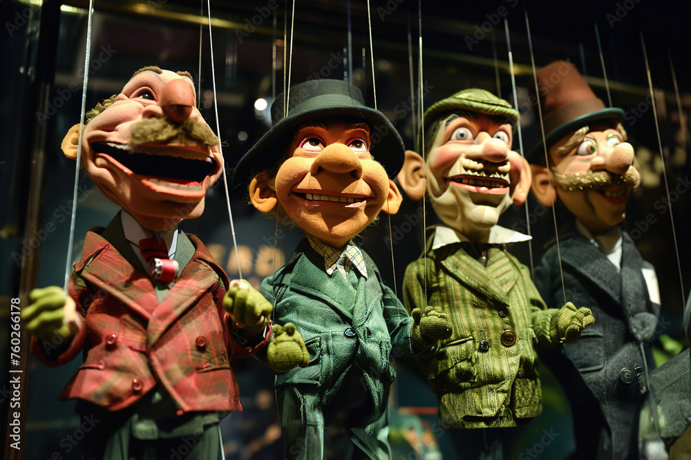 Display of retro puppets with vibrant colors and playful designs, hands ...