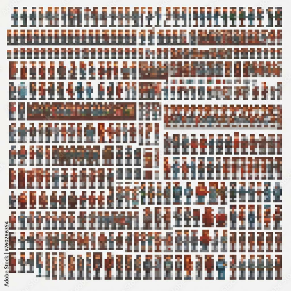 pixel art of A lot of people are standing in full size White background ...