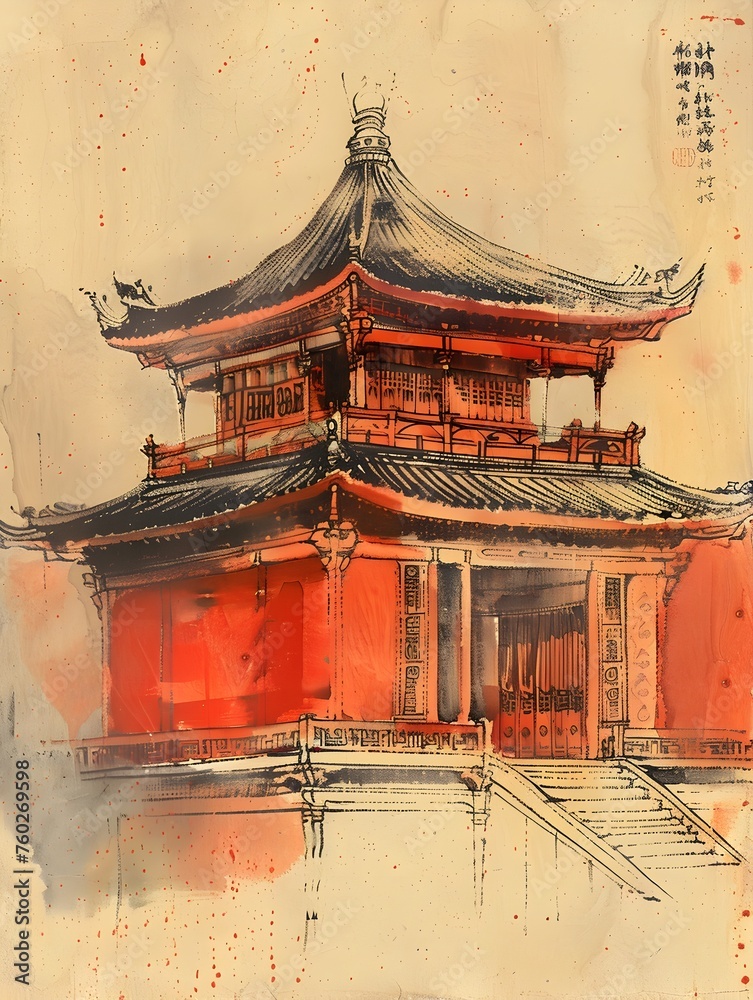 Historic Chinese Architecture in Red: Ink Drawing with Watercolor ...