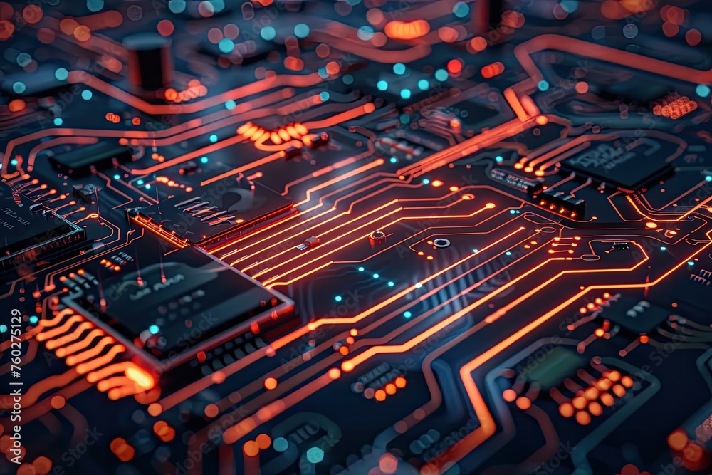 A macro view of a computer circuit board highlighting the pathways and ...