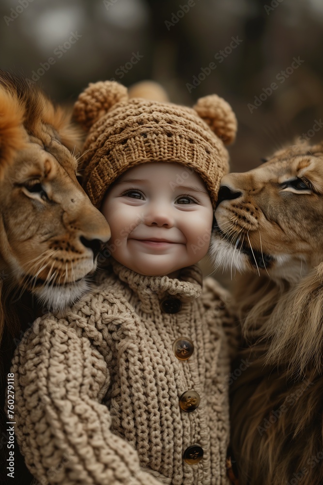 baby standing next two lions kissing smile models beanie hat shields ...