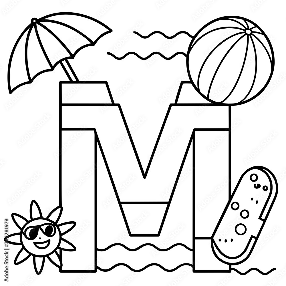 Alphabet letter M summer theme coloring, kids beach, fun, children ...