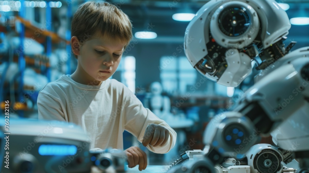 Boy working with robot in lab - A young kid is engaged in robotics ...