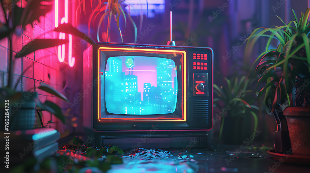 Retro TV Cyberpunk Style with Vivid Neon Colors, Futuristic Television ...
