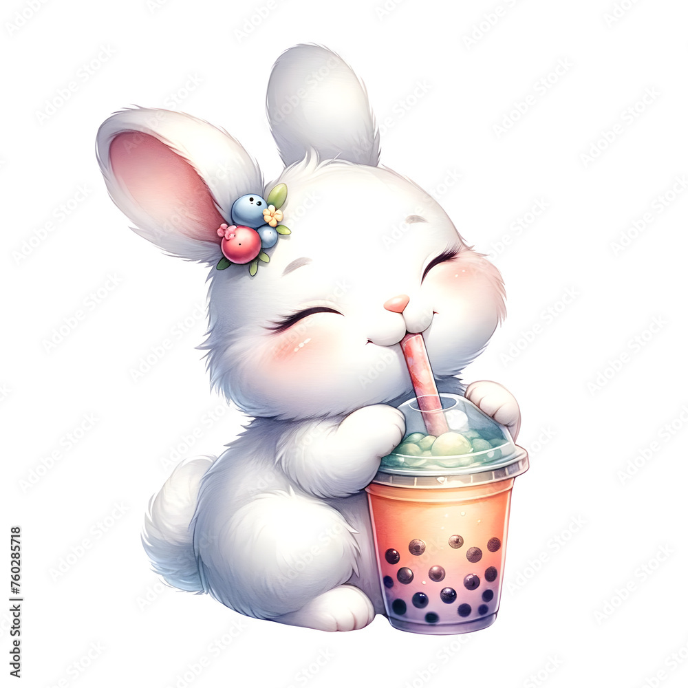 Cute watercolor animal character is drinking bubble tea or Boba tea ...