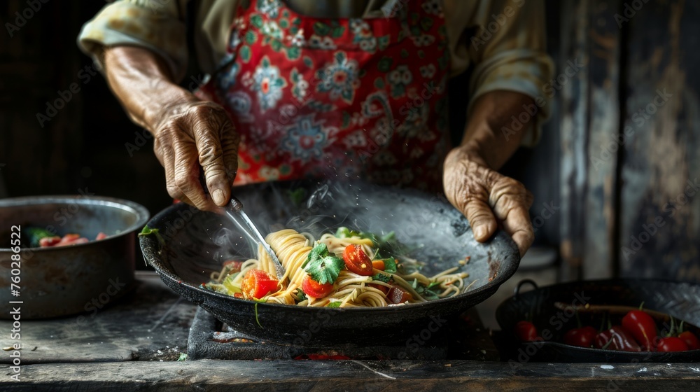 Traditional cooking methods are highlighted as a woman in a floral ...
