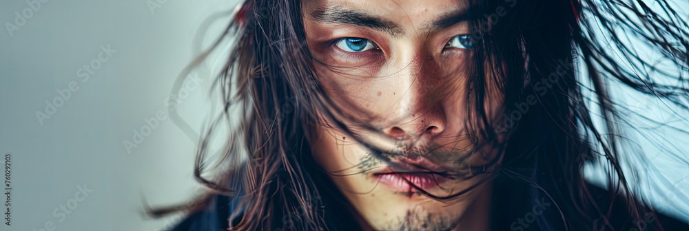 handsome Japanese man with long hair and blue eyes, generative AI Stock ...