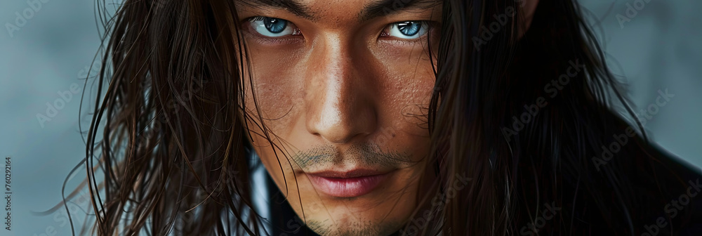 handsome Japanese man with long hair and blue eyes, generative AI Stock ...