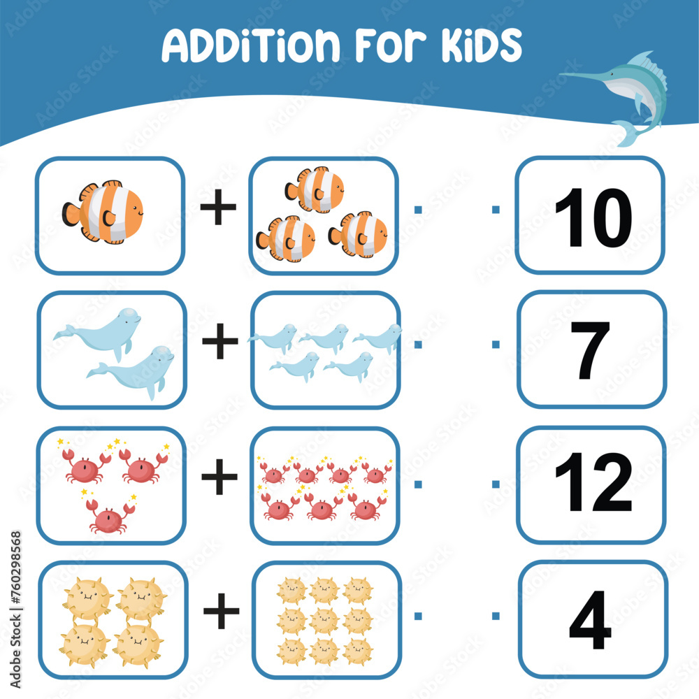 Addition for kids worksheet. Kids educational game. Let’s count ...
