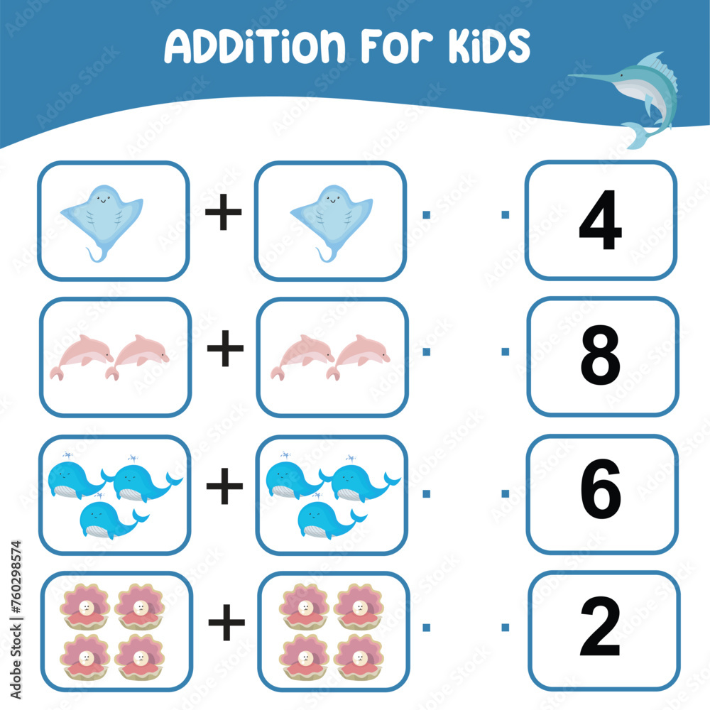 Vecteur Stock Addition for kids worksheet. Kids educational game. Let’s ...