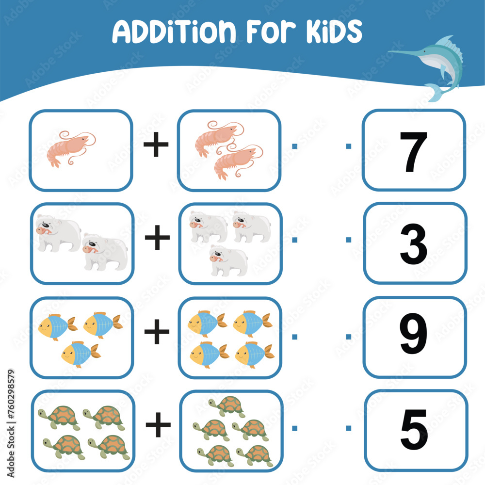 Addition for kids worksheet. Kids educational game. Let’s count ...