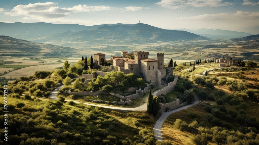 medieval ancient castle building illustration stone walls, moat tower ...