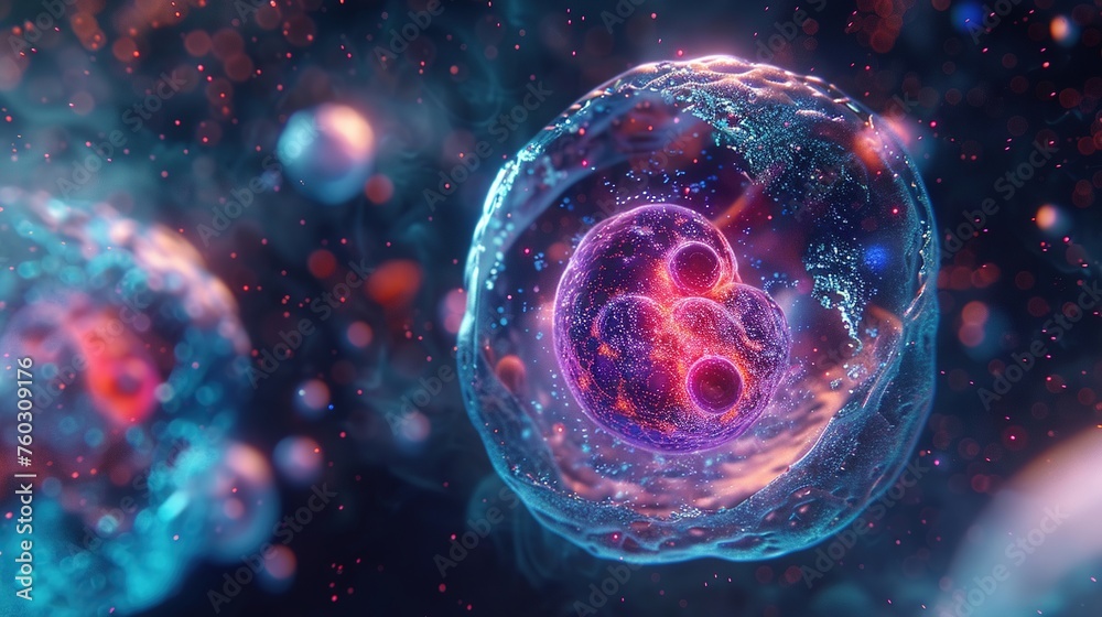 photorealistic close-up of a stem cell, its nucleus glowing with ...