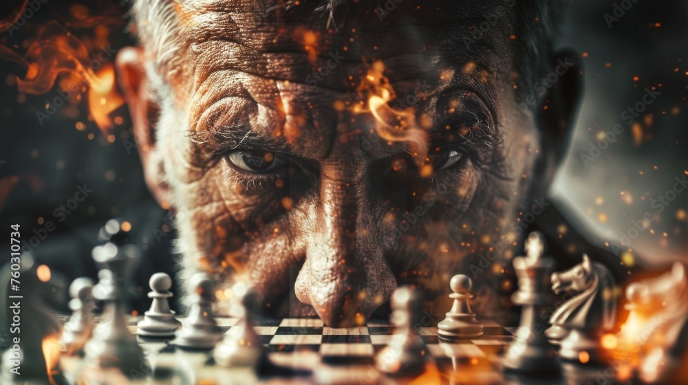 An intense close-up of a chess player's eyes reflects the burning focus ...