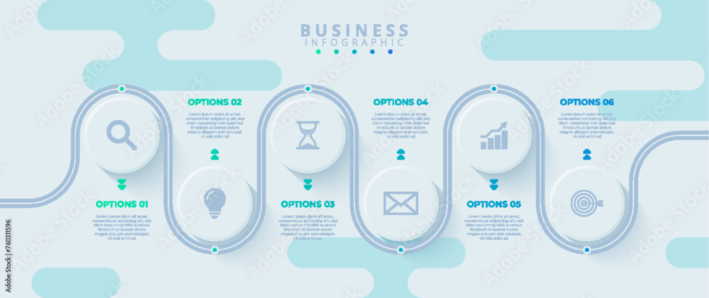 Design template for vector infographic labels with icons and 6 options ...