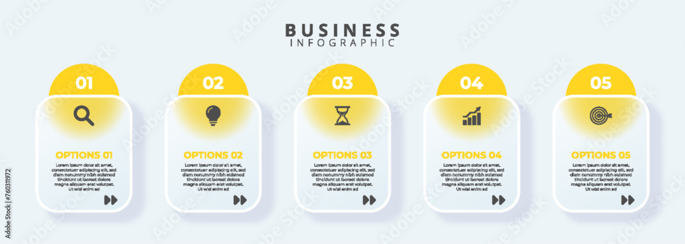Design template for vector infographic labels with icons and 5 options ...
