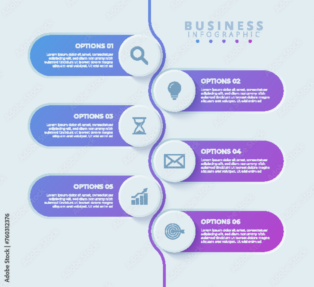 Design template for vector infographic labels with icons and 6 options ...