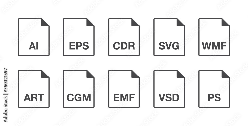 Black popular vector line document file format icons set. Multi types ...