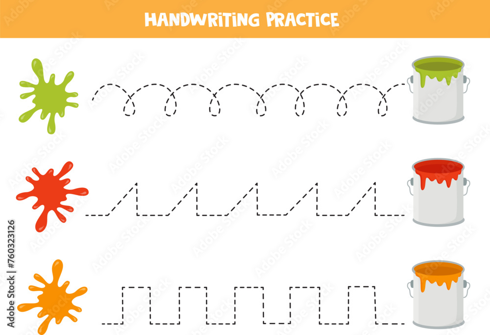 Tracing lines for kids. Paint cans and paint blobs. Handwriting ...