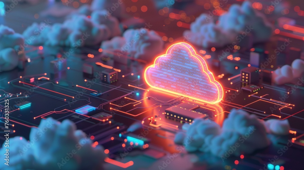 Cloud computing facility, radiant cloud sign, data transmission glow ...