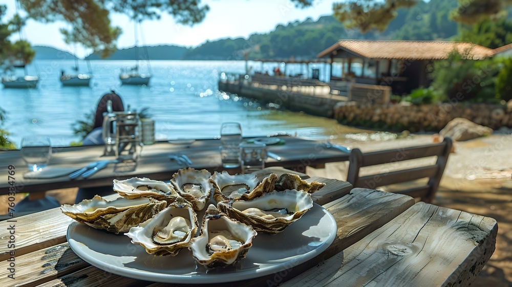 Fresh oysters on a plate at a rustic seaside restaurant. peaceful ...