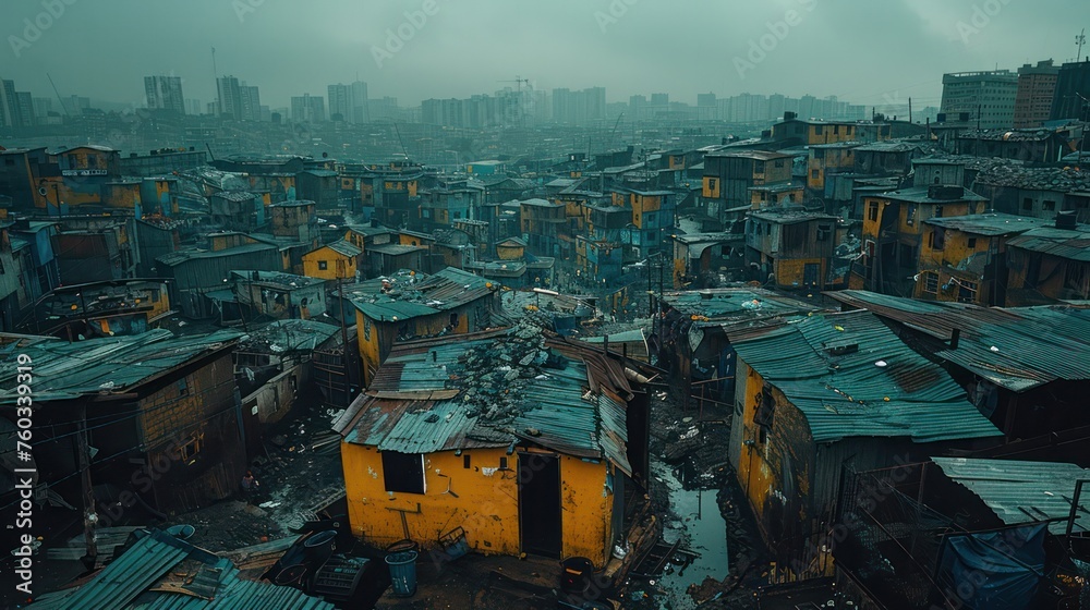 Slums are overcrowded with dilapidated housing and blue roofs. Stock ...