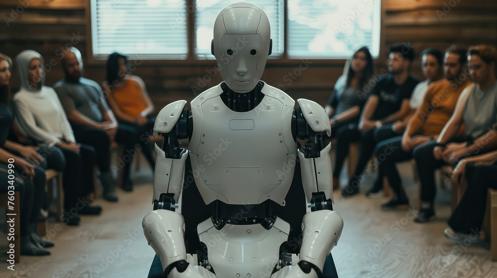 Ai robot is a psychologist sitting in a chair in a support group. The ...