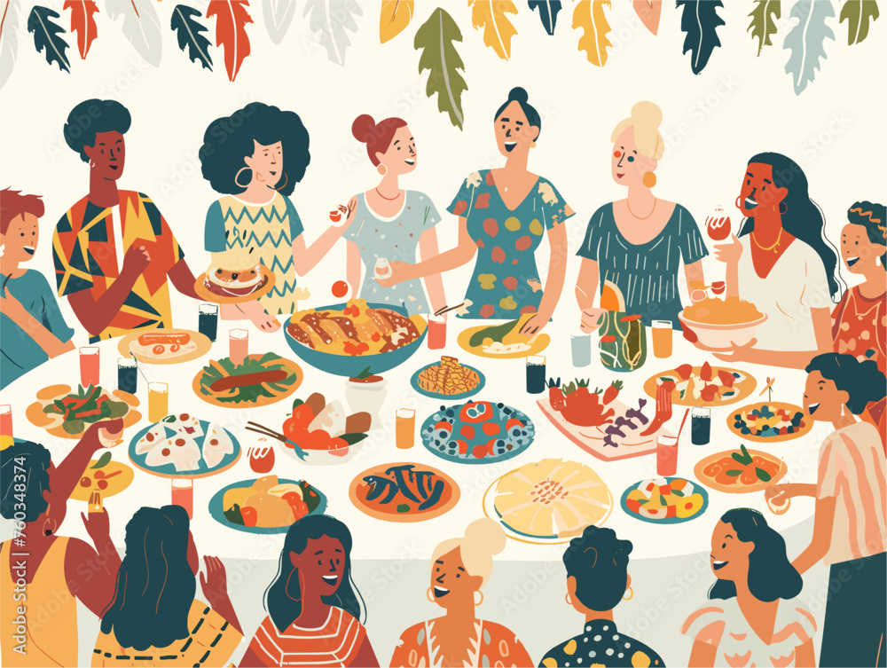 A community gathers for a potluck dinner sharing dishes from diverse ...