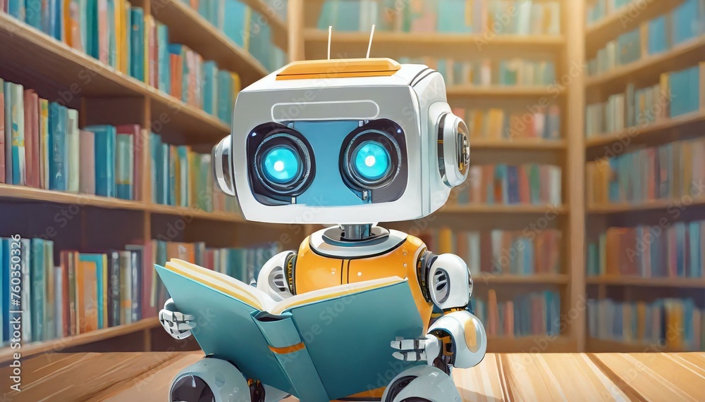 books on a shelf, Cute robot reading a book in the library, cartoon ...