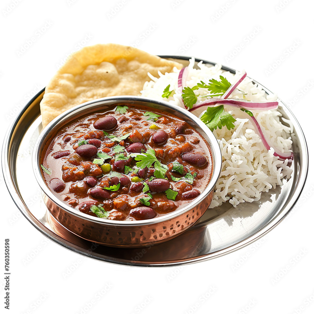 front view of delicious-looking Rajma Chawal in a classic steel thali ...