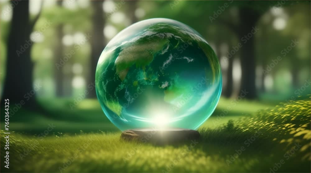 3D animation of a Globe in a green forest. Concept of environmental ...