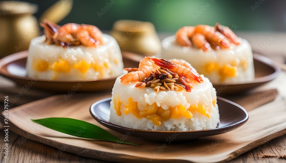 Sweet sticky rice with thai custard topping, flavor shrimp topping and ...