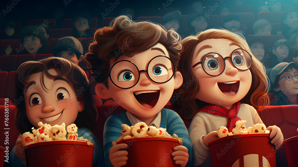 Cartoon characters, kids watching movie in cinema with great pleasure ...