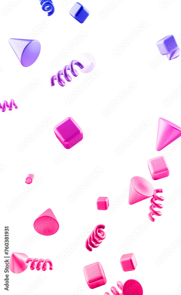pink and purple floating cones, cubes and spiral shapes on transparent ...