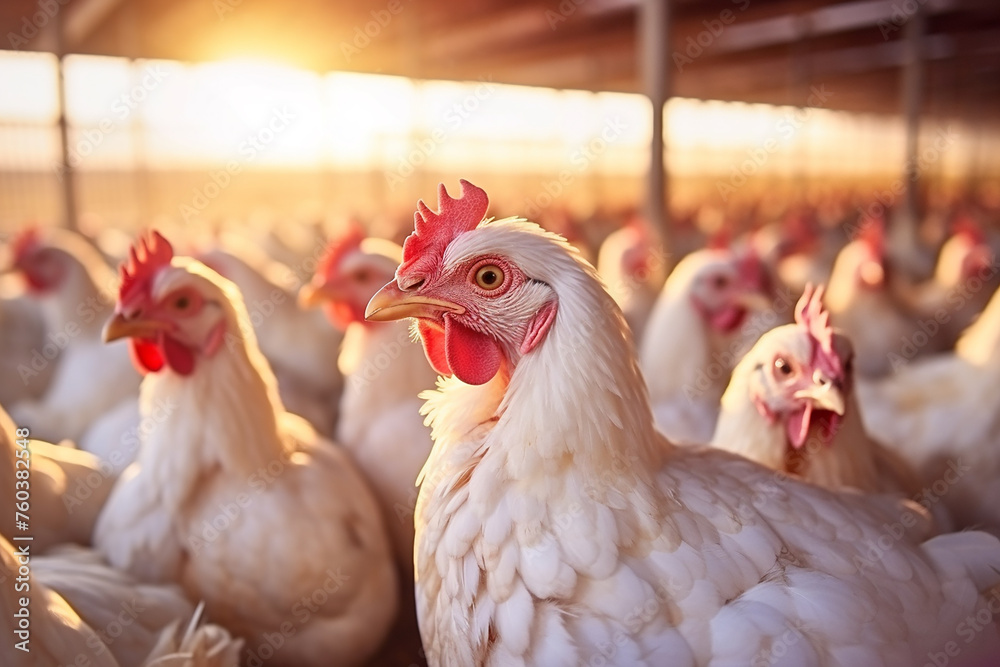 Chicken farm. Egg-laying chicken in cages. Commercial hens poultry ...