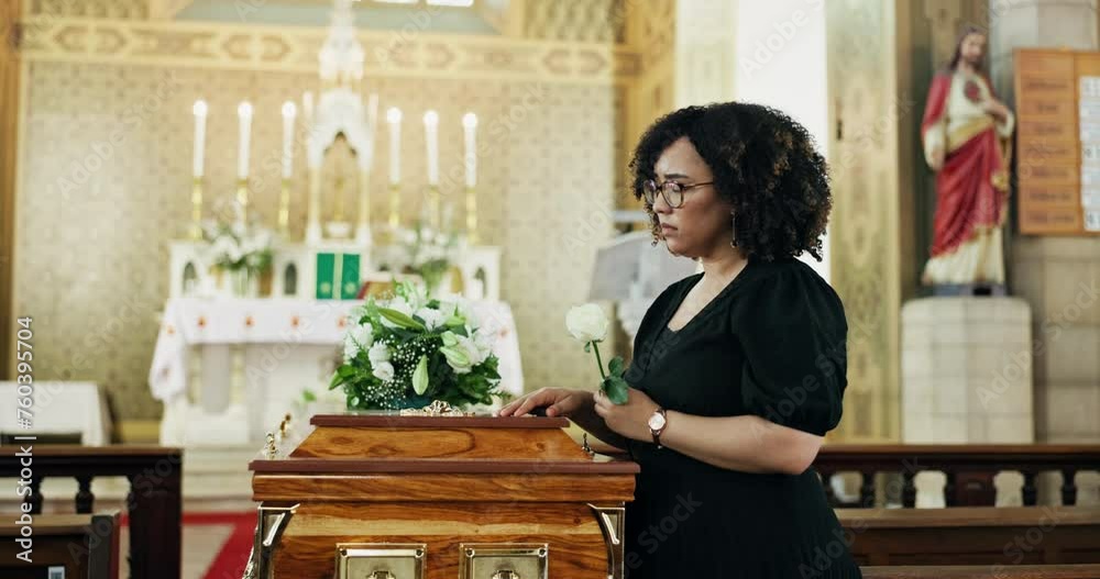 Funeral, sad and woman in a church, casket and depression with ceremony ...
