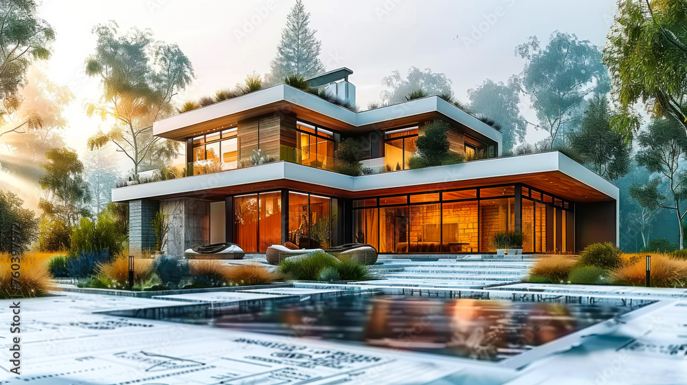 Architectural concept of a modern villa emerging from blueprints ...
