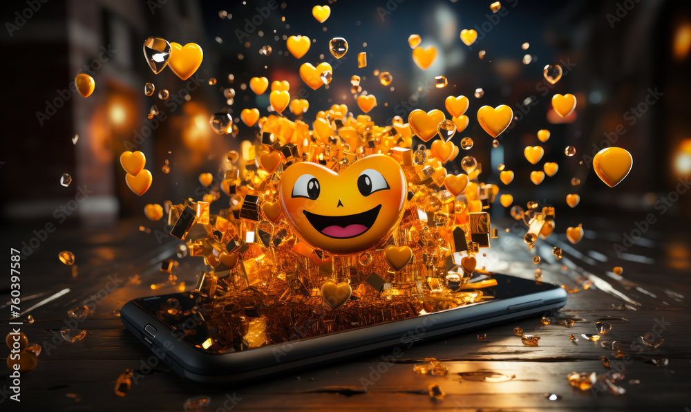 Dynamic 3D smartphone emitting a burst of golden emoji faces with heart ...
