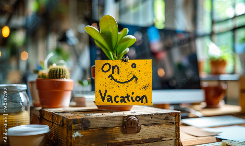 Handwritten On Vacation Sticky Note with Smiley Face Attached to a ...