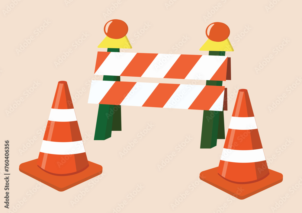 Road closure signs, road dividers and traffic cones. Road repair safety ...