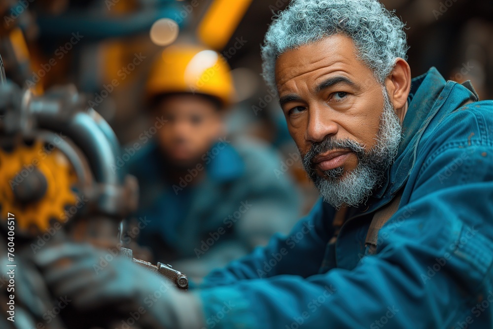 A wise and weathered man tinkers with a machine on the bustling city ...