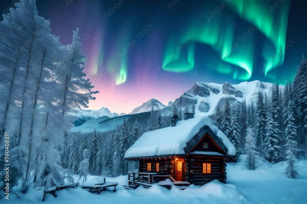 Snowy mountain scene with a cozy cabin and a magical display of ...