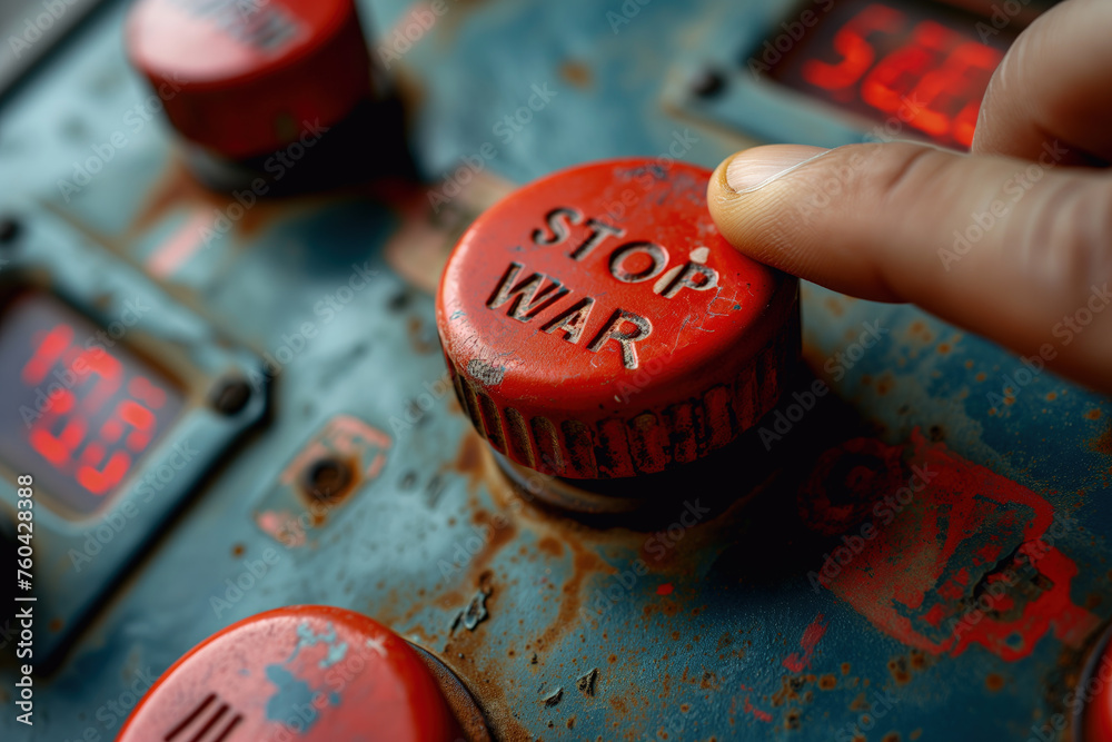 finger pushing a Big red control Button with text "STOP WAR" Stock ...